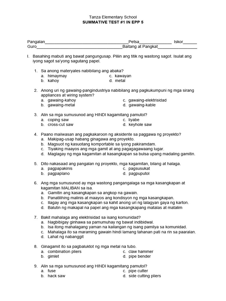 Summative Test in EPP 5 #1 | PDF