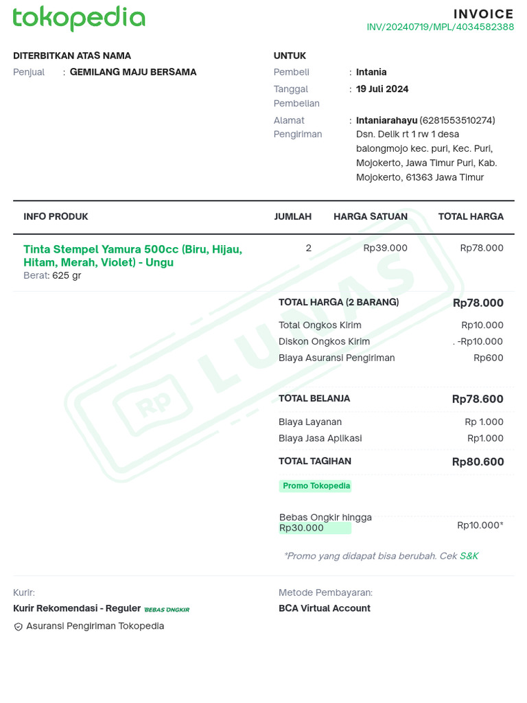 Invoice Pembelian Tinta Stempel 500cc | PDF