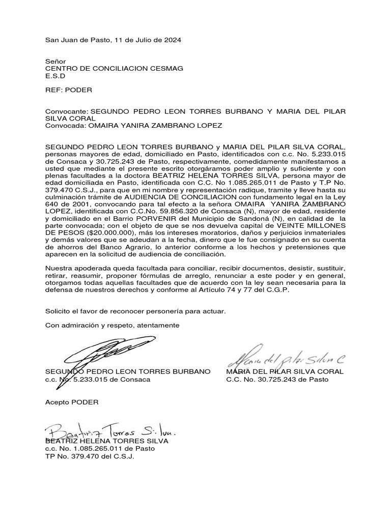 Poder Conciliacion Segundo Pedro Torres y Maria Del Pilar Silva | PDF ...