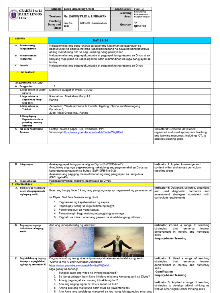 DLP-EsP 5, QTR 4, Day 35-36 | PDF