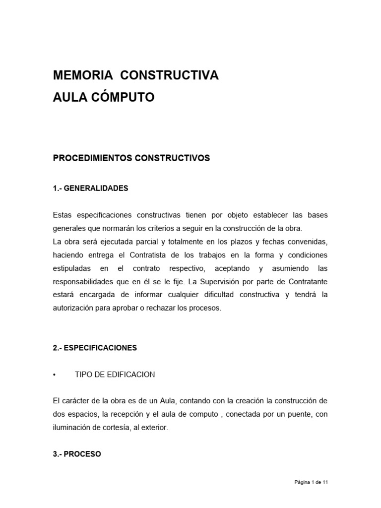 Memoria Constructiva Aula de Computo | PDF | Hormigón | Fundación (Ingeniería)