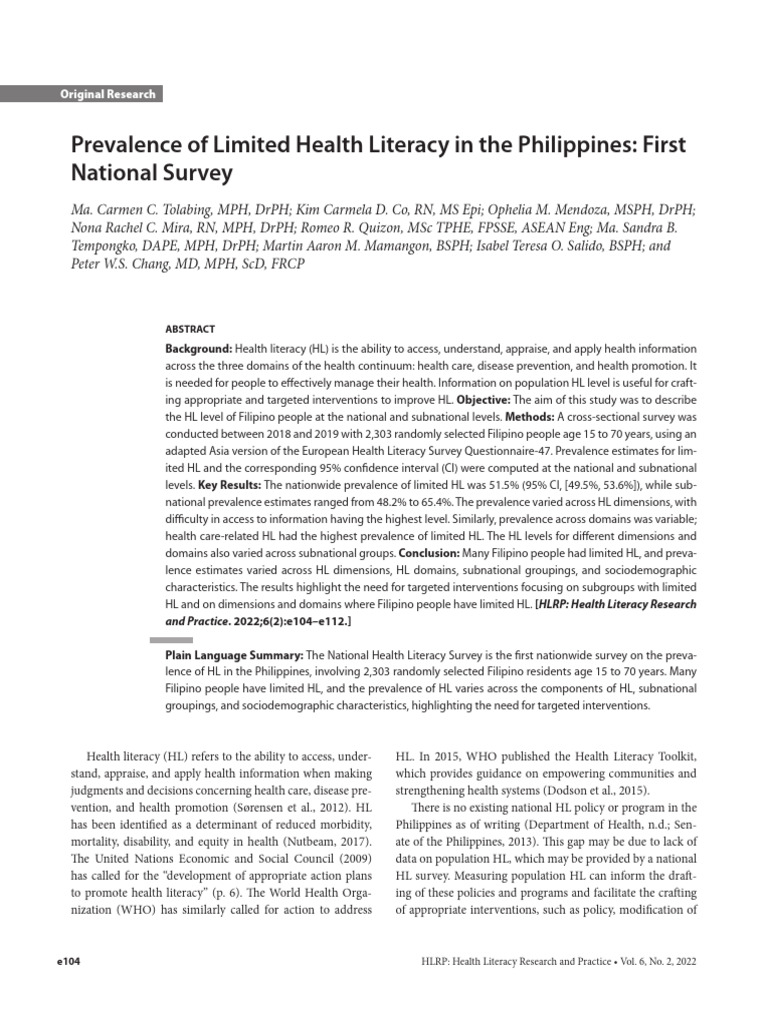 Limited Health Literacy in the Philippines | PDF | Sampling (Statistics ...