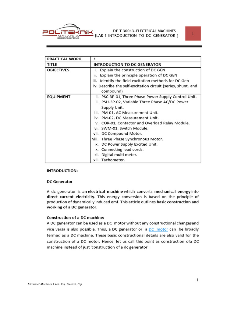 Det30043 Electrical Machines - Lab 1 - DC Gen | PDF | Electric Motor ...