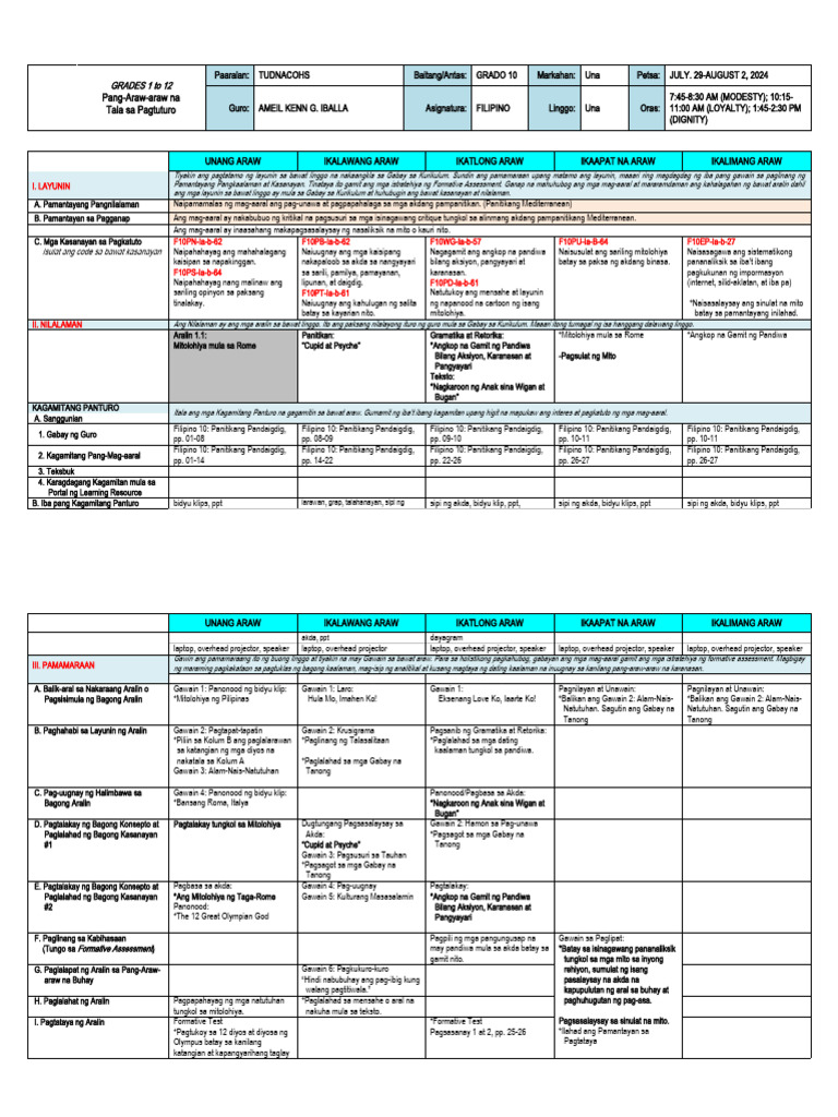 1 DLL IN FILIPINO 10. Aralin 1 | PDF