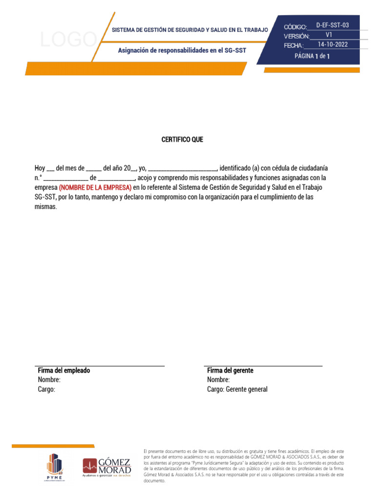 D-EF-SST-03 Asignaci N de Responsabilidades en El SG-SST | PDF