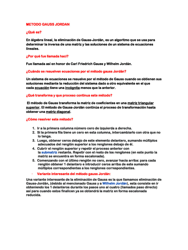 Método Gauss-Jordán en Álgebra Lineal | PDF | Métodos y materiales de ...