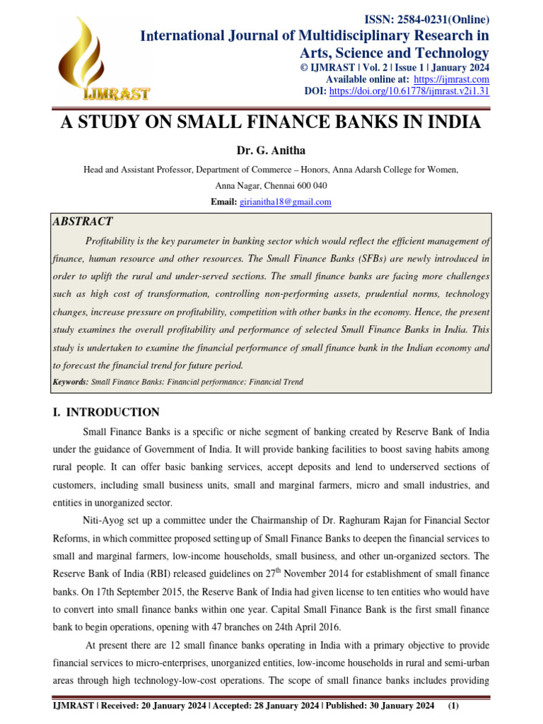 A Study On Small Finance Banks in India | PDF | Banks | Expense