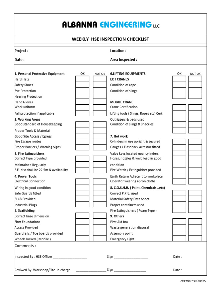 F-018-Weekly safety Inspection checklist | PDF | Personal Protective ...