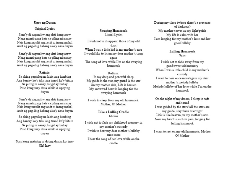 Ugoy NG Duyan Translation | PDF | Lullabies | Songs
