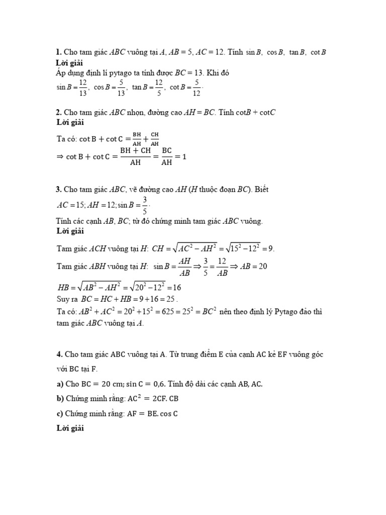 Tỉ Số Lượng Giác Của Góc Nhon (LG BTVN) | PDF