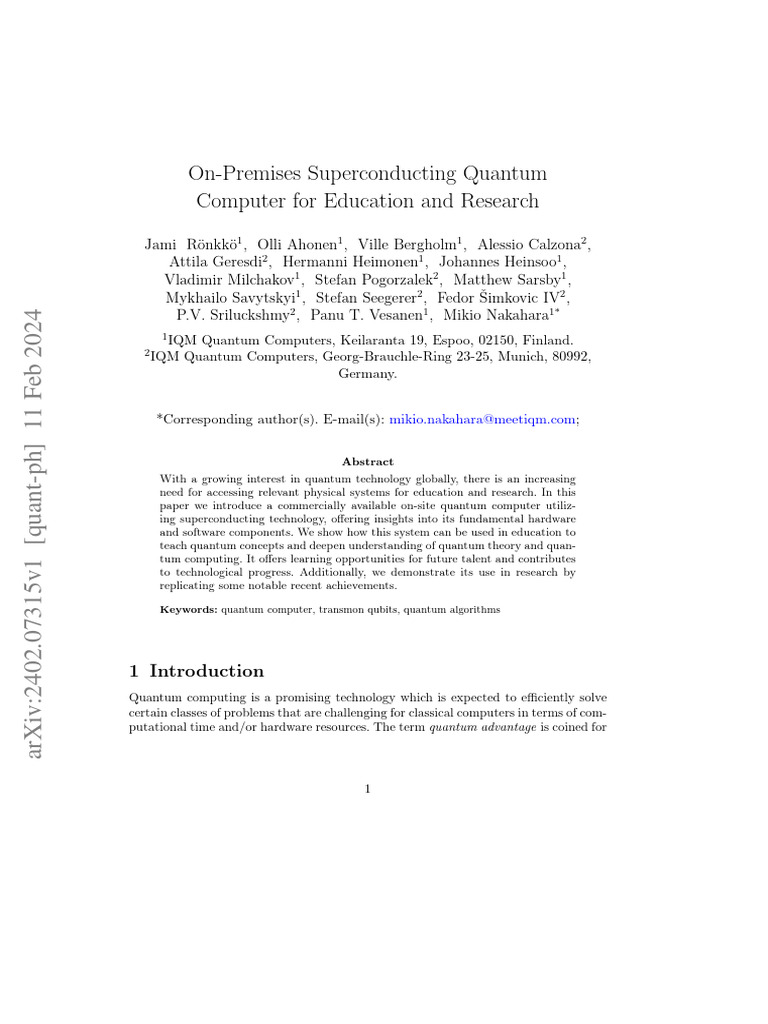 On-Premises Superconducting Quantum Computer For Education and Research | PDF | Nonlinear Optics ...