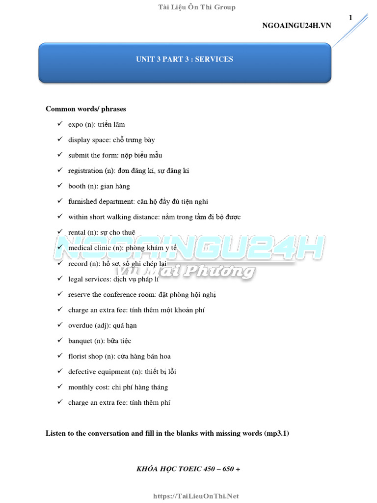 Ngoaingu24H.Vn 1: Unit 3 Part 3: Services | PDF