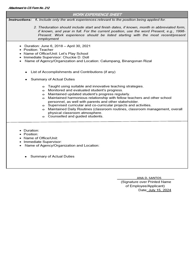 CS Form No. 212 Work Experience Sample | PDF