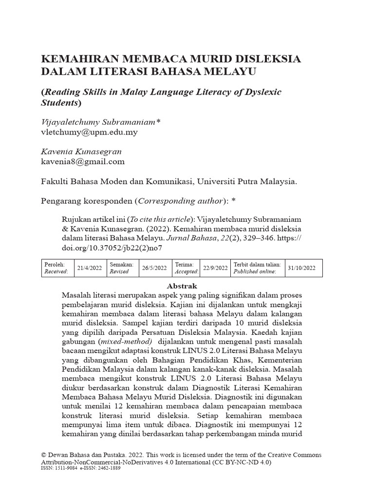 Kemahiran Membaca Murid Disleksia Dalam Literasi Bahasa Melayu | PDF