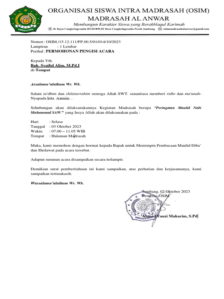 Permohonan Mengisi Acara - Pak Saiful | PDF