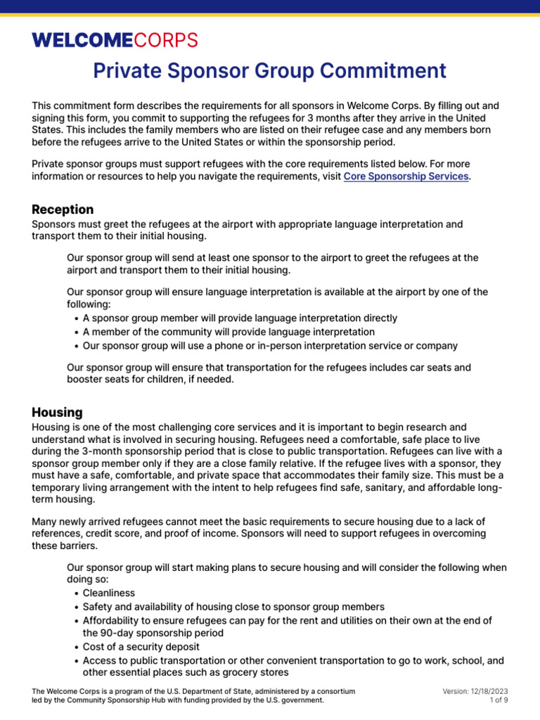 Private Sponsor Group Commitment Welcome Corps 3 | PDF | Health Care ...