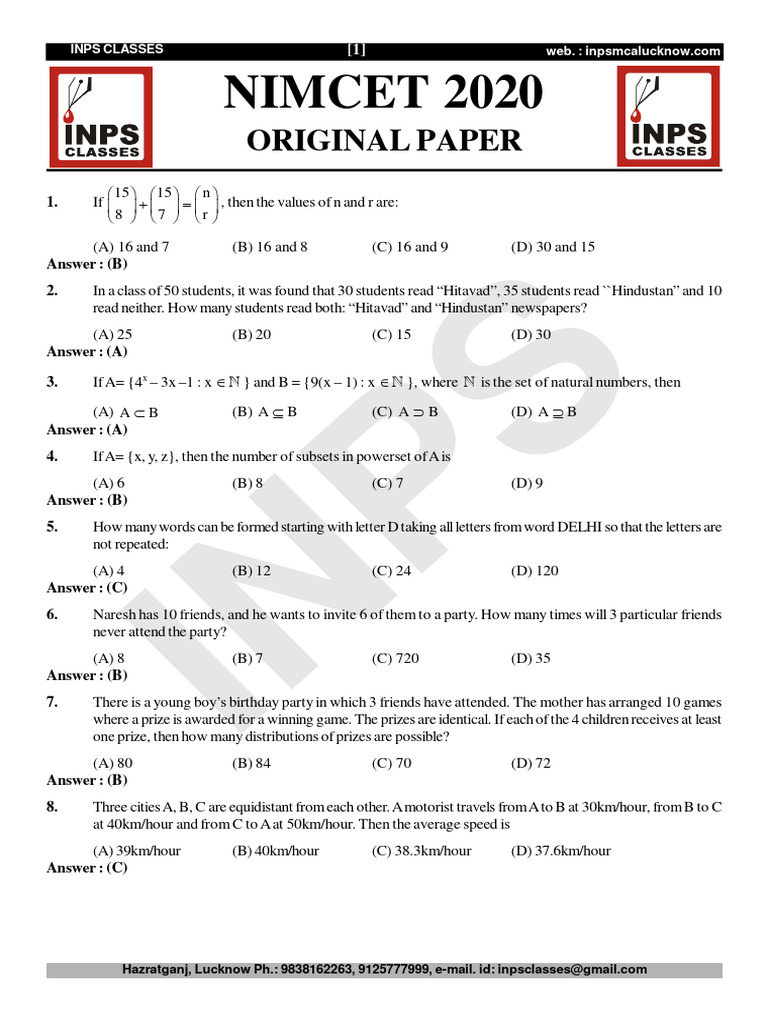 NIMCET 2020 Complete Paper INPS Classes | PDF | Mode (Statistics ...