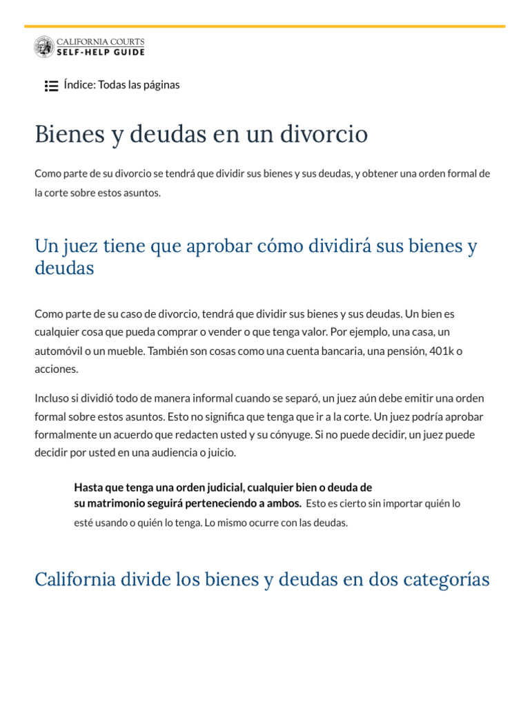 Bienes y Deudas en Un Divorcio - California Courts - Self Help Guide | PDF | Divorcio | Deuda