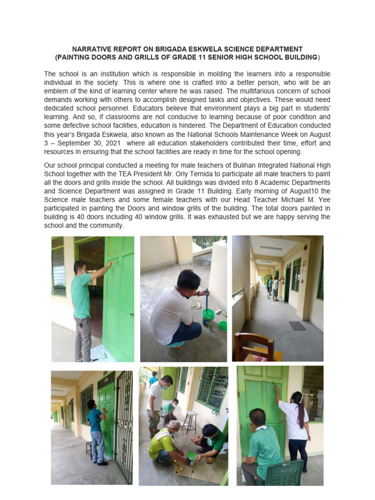 Narrative Report On Brigada Eskwela Science Department | PDF