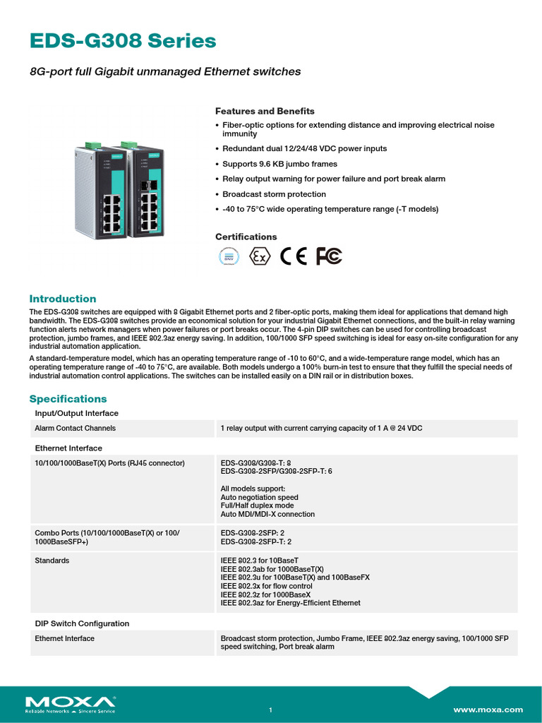 Moxa Eds g308 Series Datasheet v2.0 | PDF | Ethernet | Network Switch