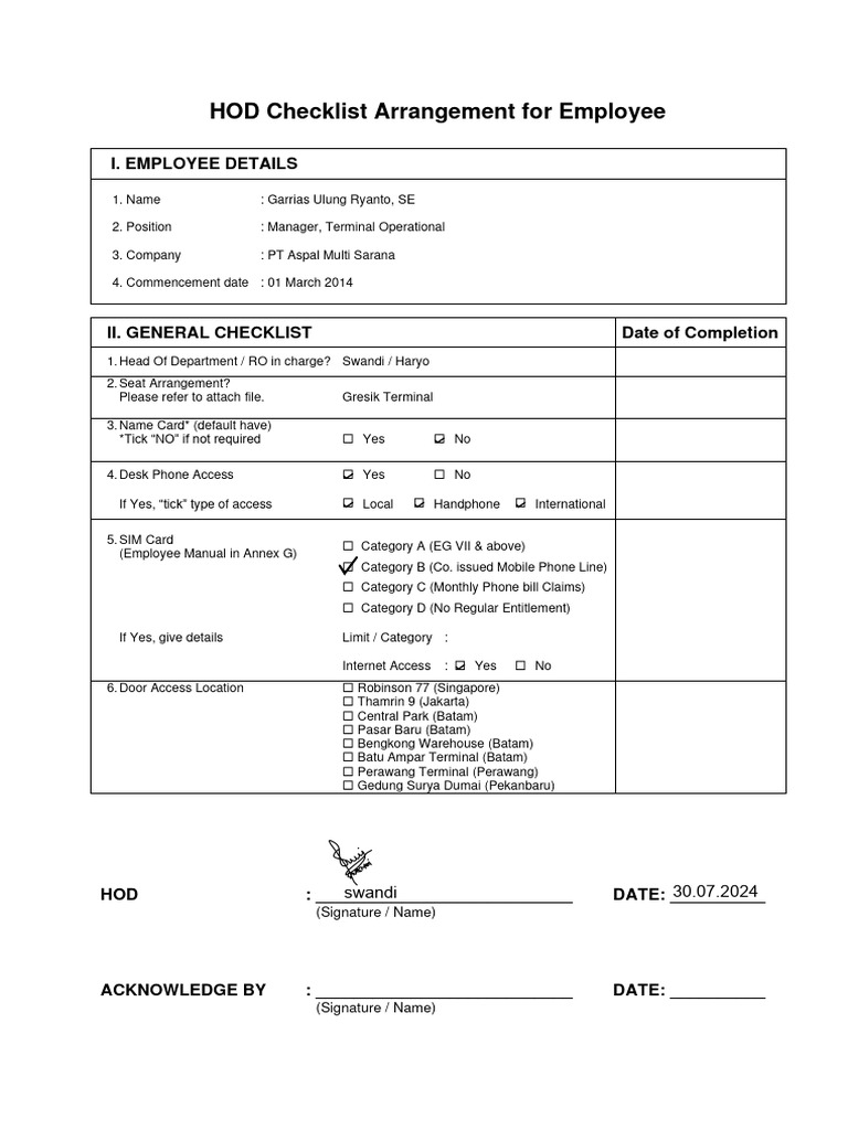 HOD Checklist Form V23.10 | PDF