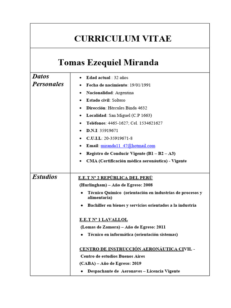 Curriculum Vitae de Tomas Miranda | PDF | Aviación | Aeronáutica