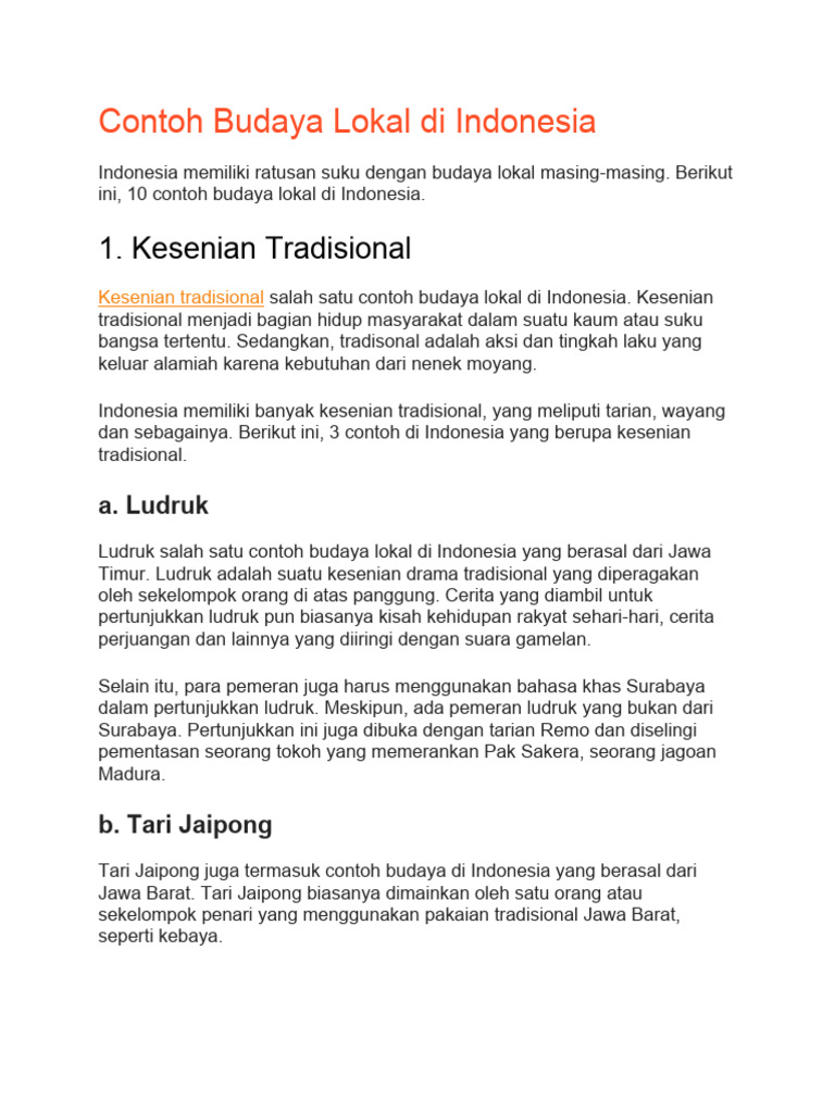 Contoh Budaya Lokal Indonesia | PDF | Seni