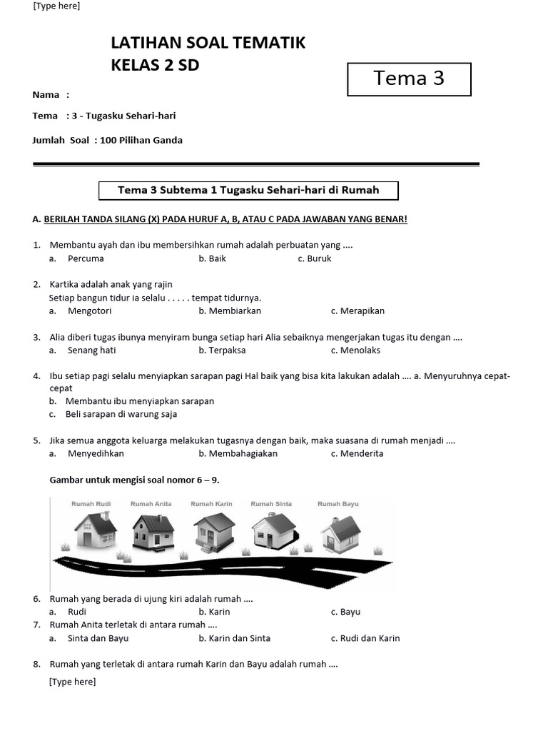 Soal Pilihan Ganda Kelas 2 SD Tema 3 Tugasku Sehari-Hari | PDF | Seni & Disiplin Bahasa