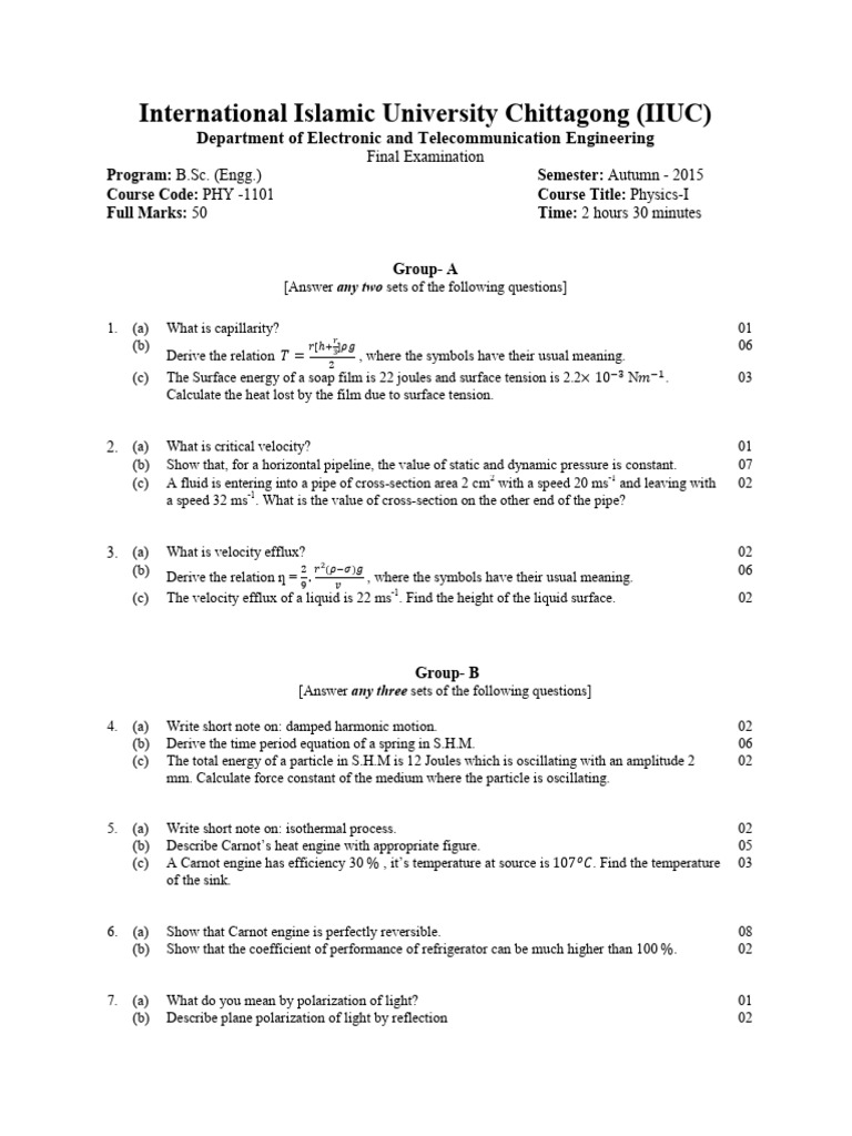 PHY - 1101 - SH - Internal - Autumn - 15 | PDF | Waves | Oscillation
