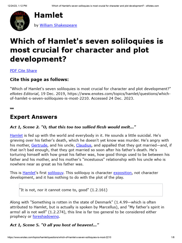 Which of Hamlet's Seven Soliloquies Is Most Crucial For Character and ...