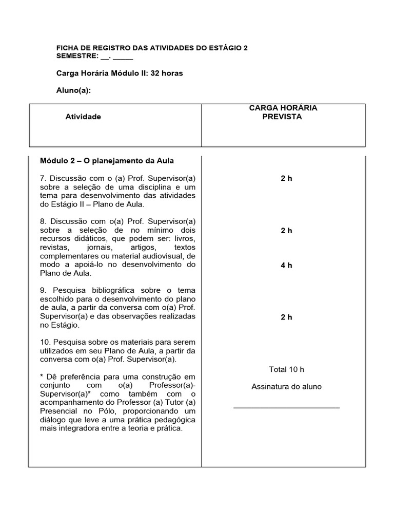 Ficha de Registro Das Atividades Do Estágio 2 Módulo II Versão Final ...