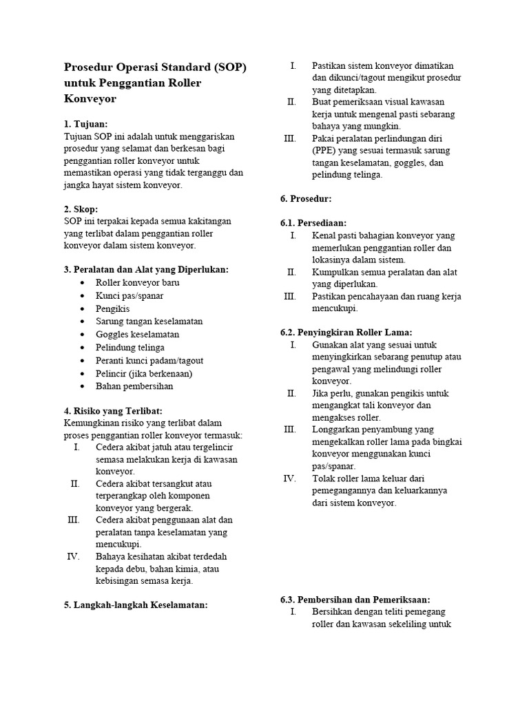 Prosedur Operasi Standard (SOP) Untuk Penggantian Roller Konveyor | PDF ...