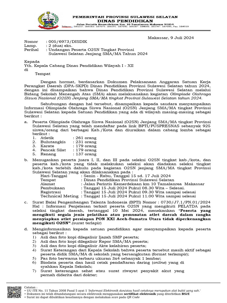 Undangan Peserta O2SN 2024 - JADI | PDF