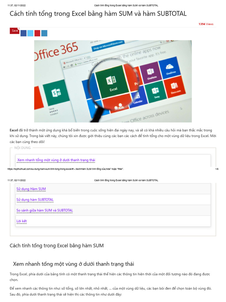 10. Cách tính tổng trong Excel bằng hàm SUM và hàm SUBTOTAL | PDF