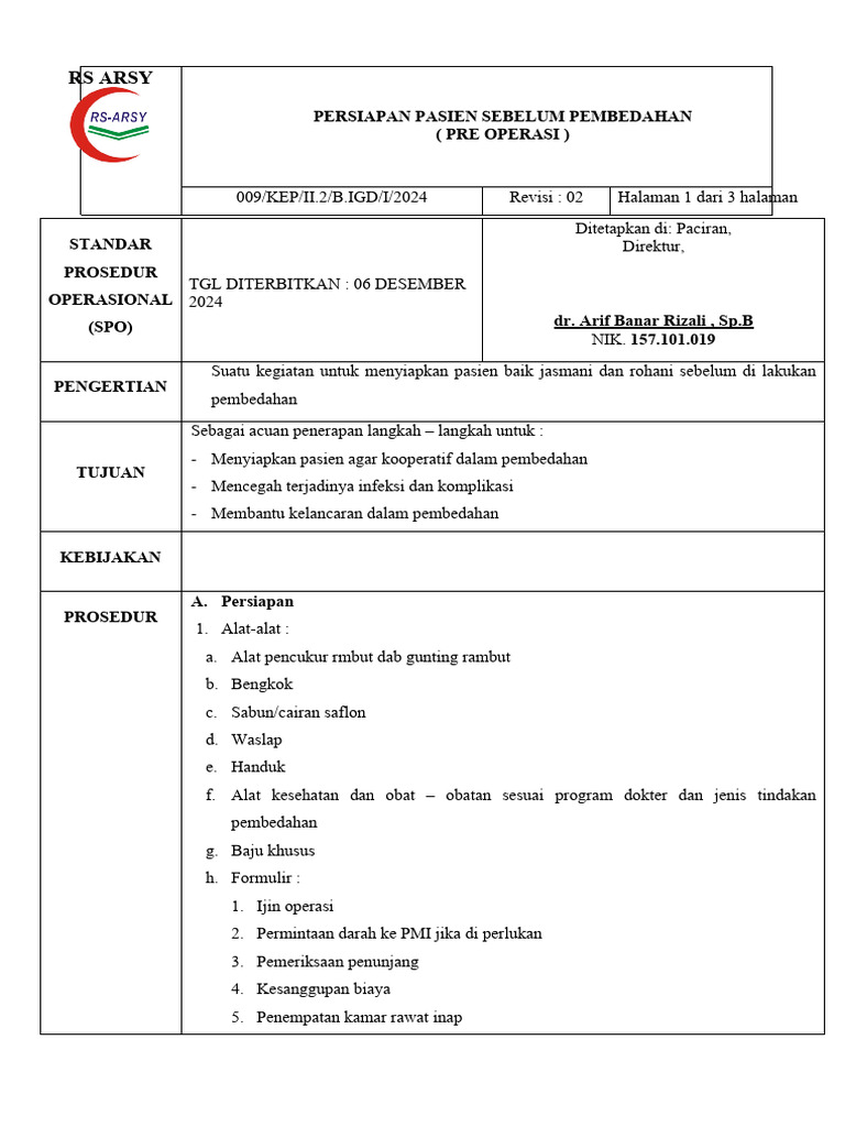 SPO Penanganan Pasien Pre Operasi | PDF