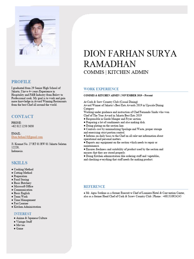 CV Dion | PDF | Chef | Cooking