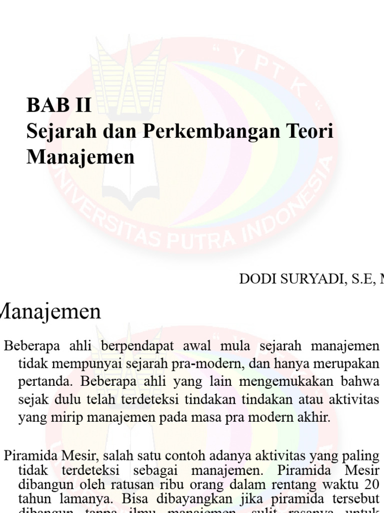 Bab II Sejarah Dan Perkembangan Teori Manajemen | PDF | Karier & Perkembangan | Bisnis