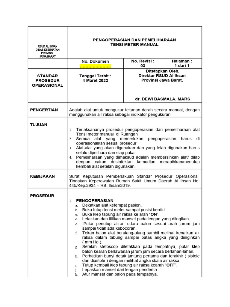 Sop Pemeliharaan Tensi Manual | PDF | Griya & Taman | Kesehatan Holistik