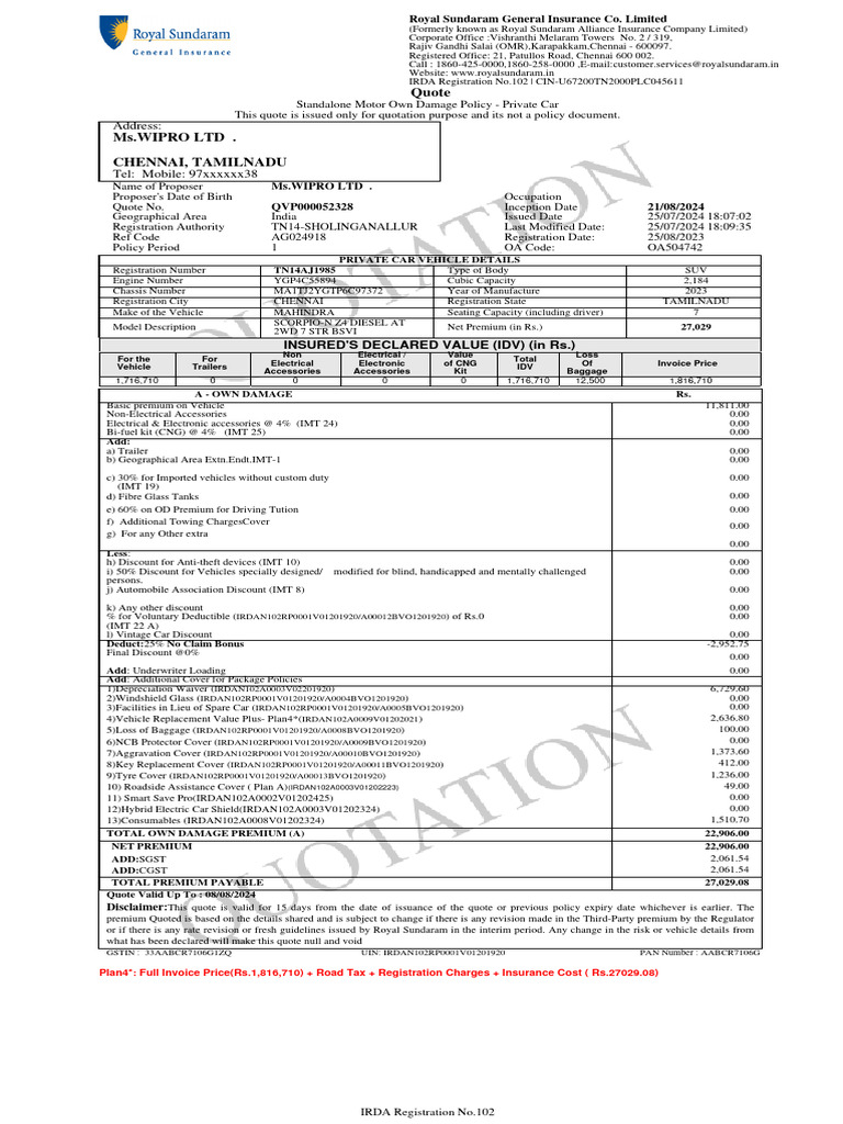 Mahindra Scorpio-N Insurance Quote | PDF | Insurance | Car