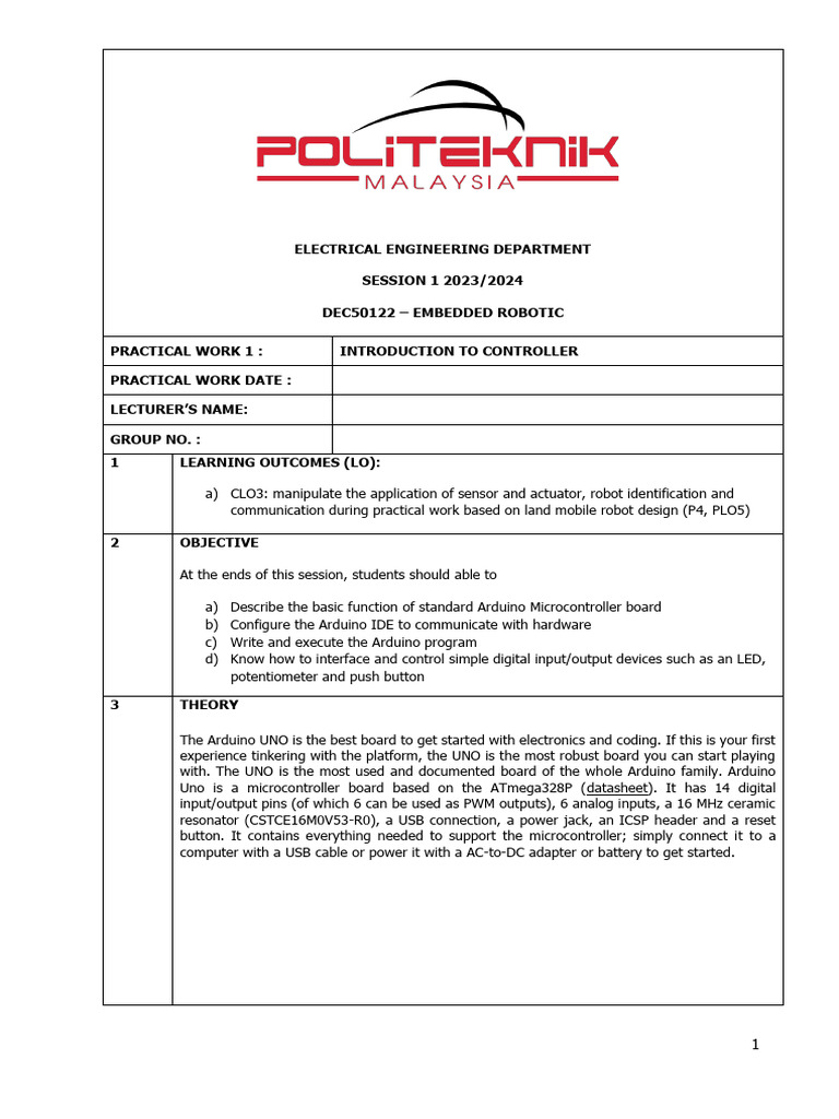 Dec50122 Embedded Robotics - Pw1 (Procedure) | PDF | Arduino | Microcontroller