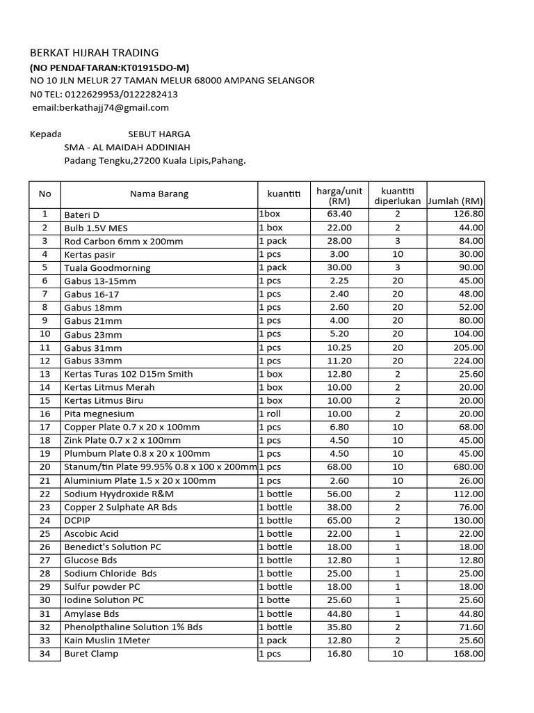 Sebut Harga Berkat Hijrah Trading | PDF | Chemical Compounds | Chemical ...
