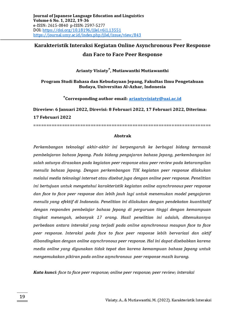 Karakteristik Interaksi Kegiatan Online Asynchronous Peer Response Dan ...