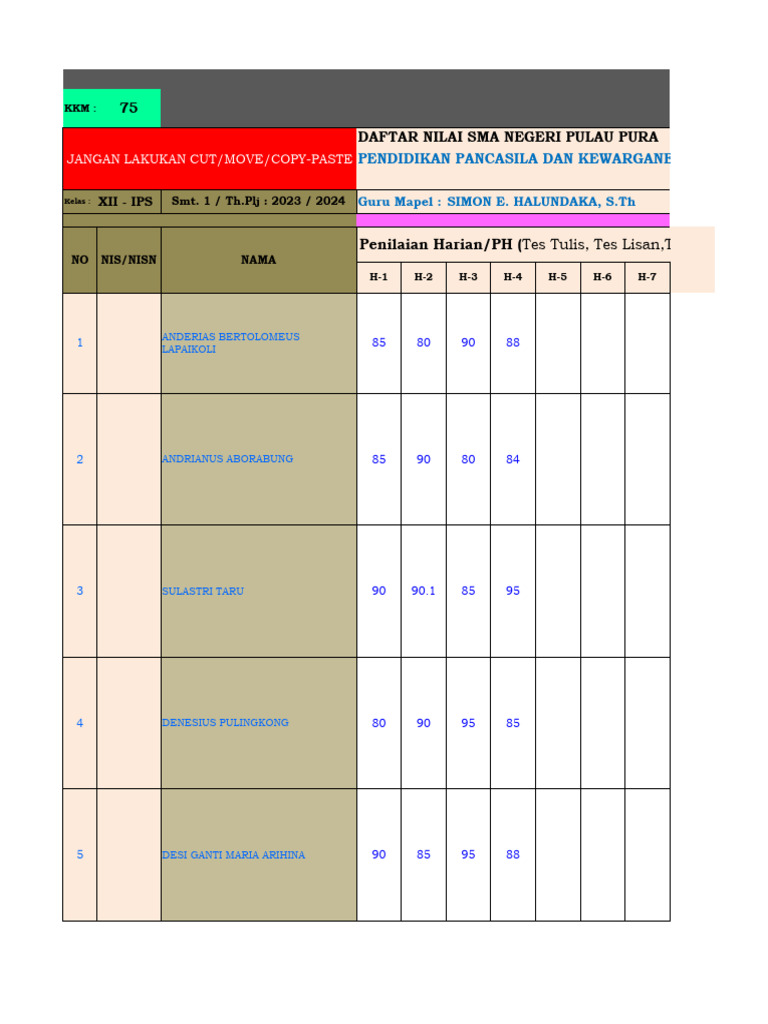 Daftar Nilai PKN Xii Mipa-Ips | PDF