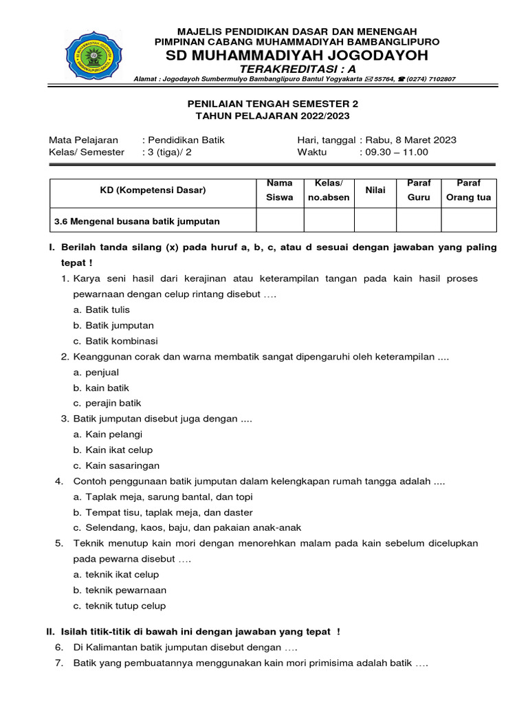 Soal PTS Batik Kelas 3 Sem2 22'23 | PDF | Griya & Taman