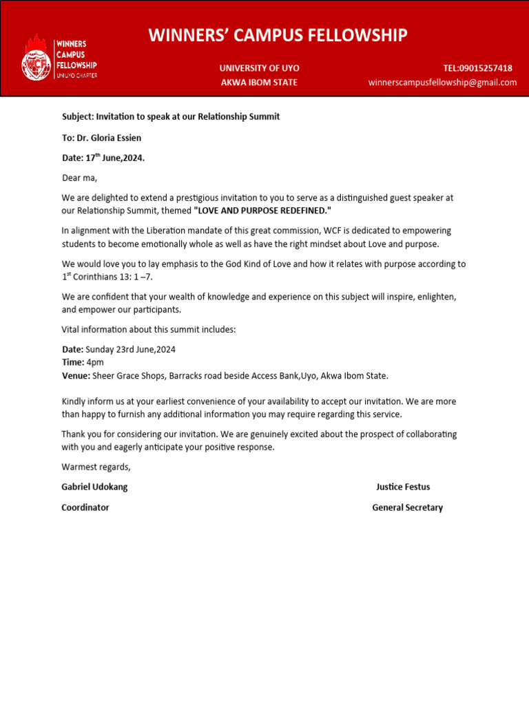 Letter of Invitation To Dr. Gloria Essien For A Relationship Summit | PDF