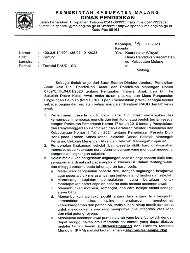 Surat Edaran Transisi PAUD - SD | PDF