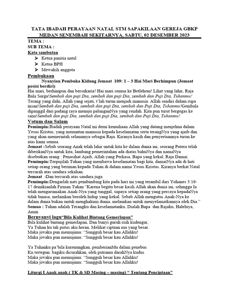 Tata Ibadah Perayaan Natal STM Sapakilaan Gereja GBKP Medan Senembah Sekitarnya | PDF
