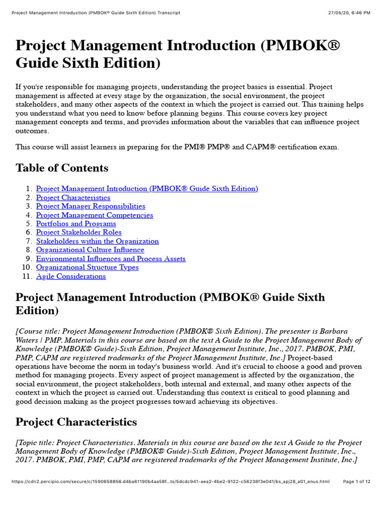 Project Management Introduction (PMBOK® Guide Sixth Edition) Transcript ...