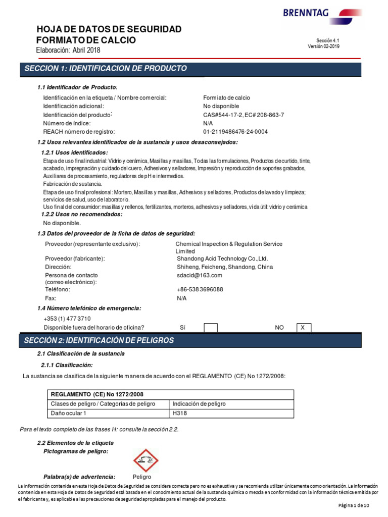 MSDS - Calcium Formate - Shandong Acid (ESPAÑOL) | PDF | Agua