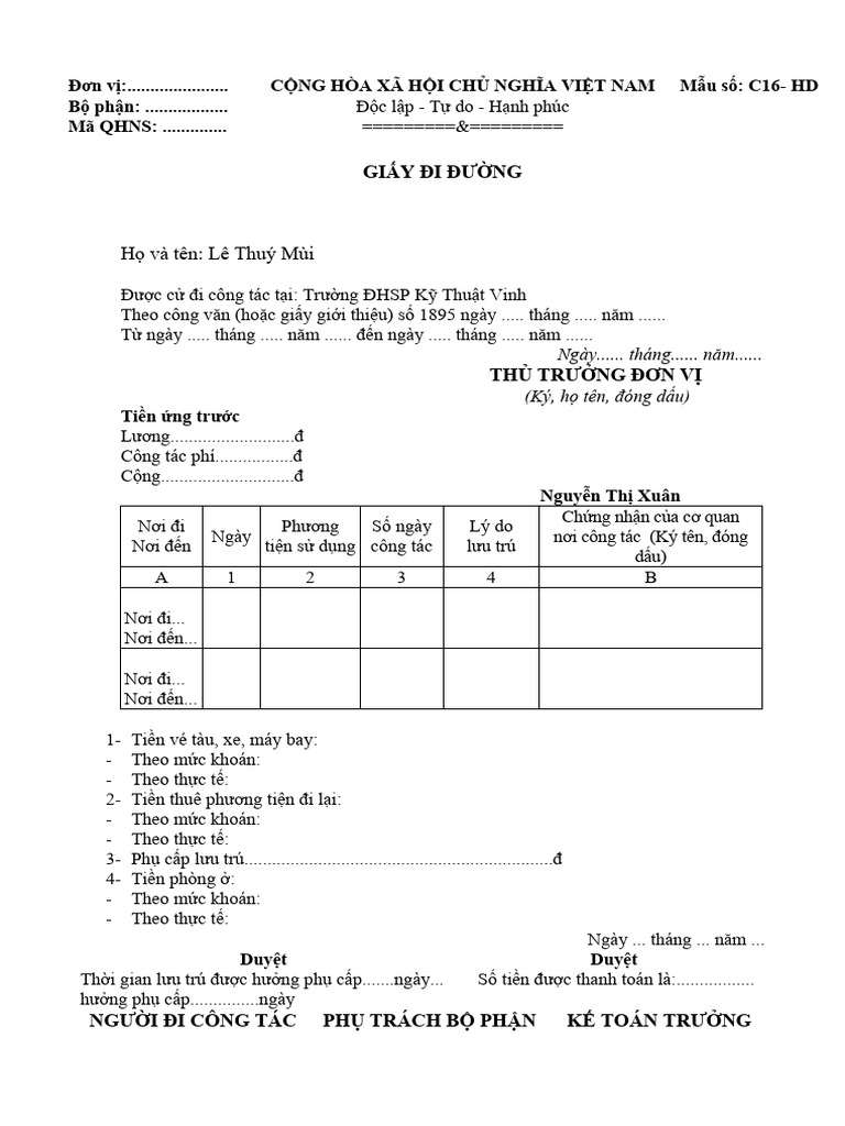 Giấy đi đường Mẫu số C16- HD | PDF